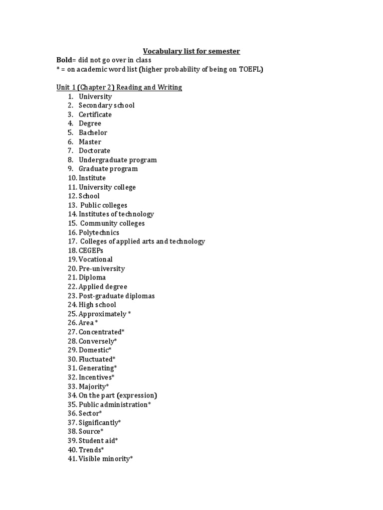Vocabulary List For Semester | PDF | College | Diploma