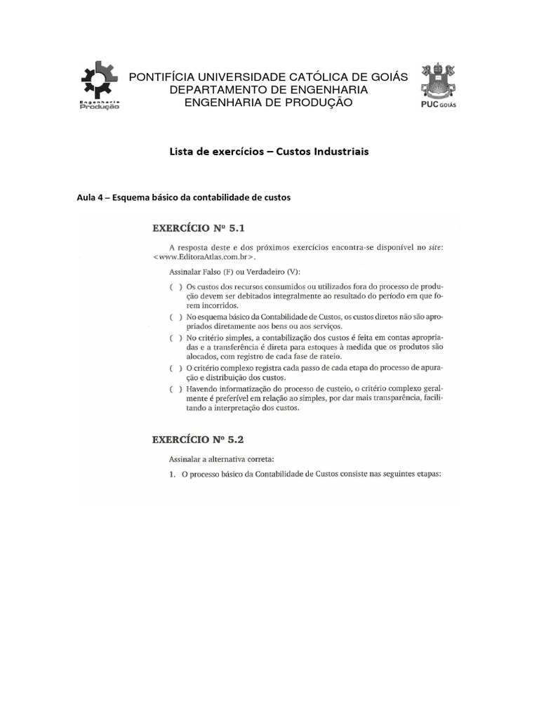 Lista de Exercícios - Custos PDF | PDF