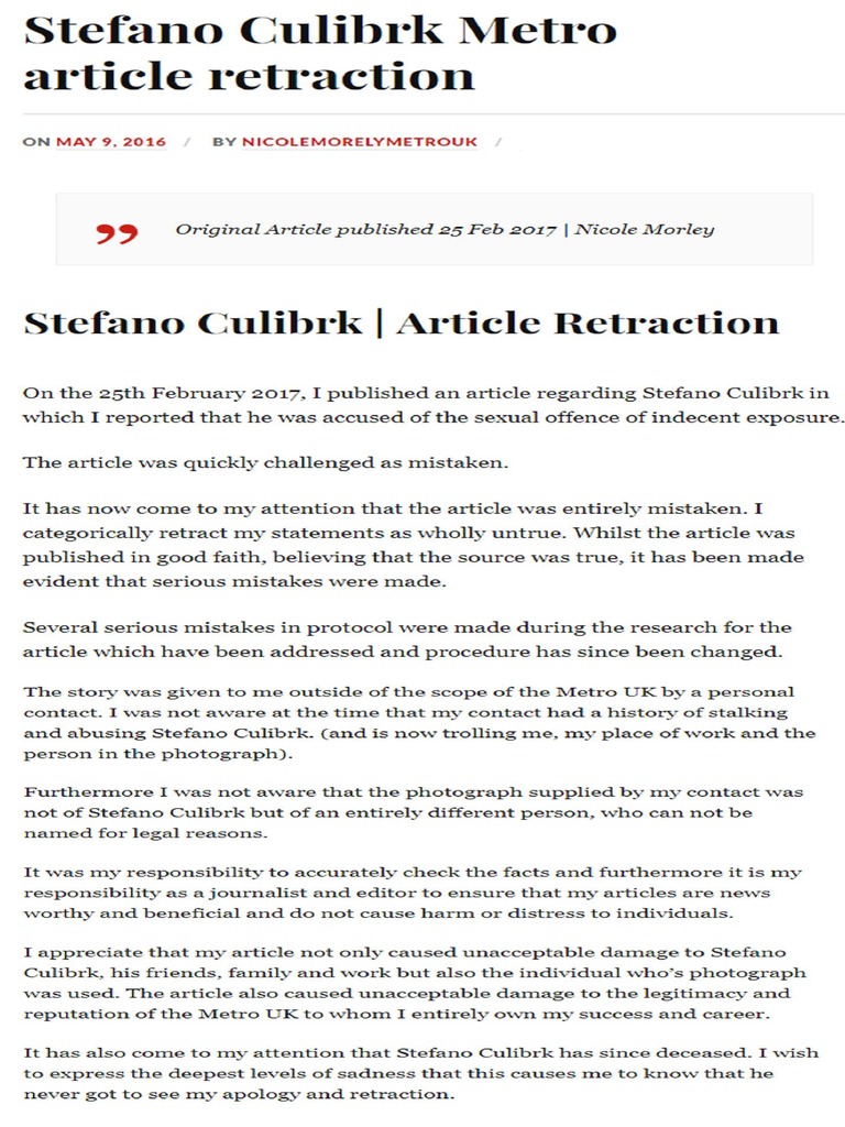 Stefano Culibrk Metro Article Retraction | PDF