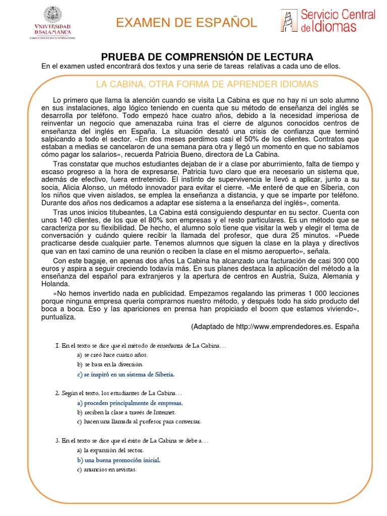 Examen De Español: Prueba De Comprensión De Lectura | Lengua española ...