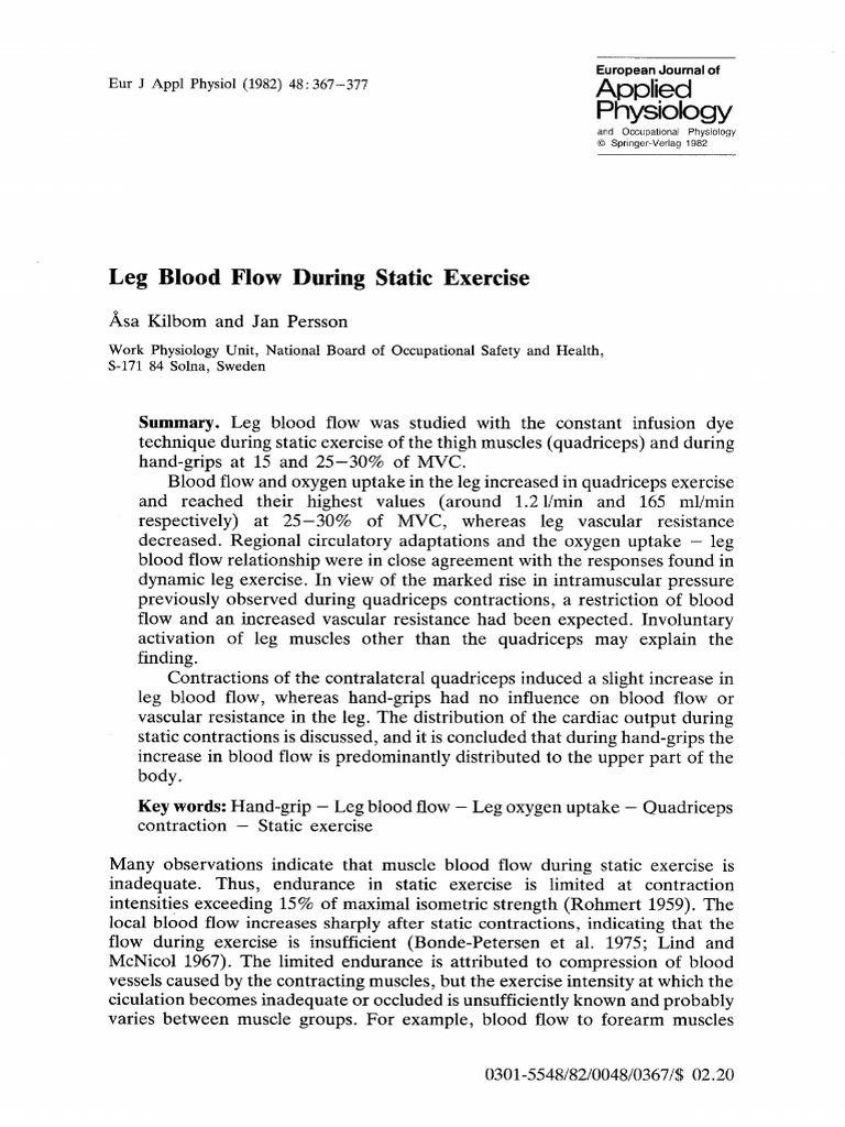 Physiology: Leg Blood Flow During Static Exercise | PDF | Blood Vessel ...