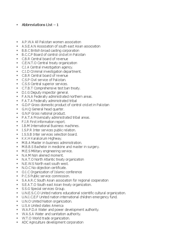 Abbreviation List | PDF | Pakistan