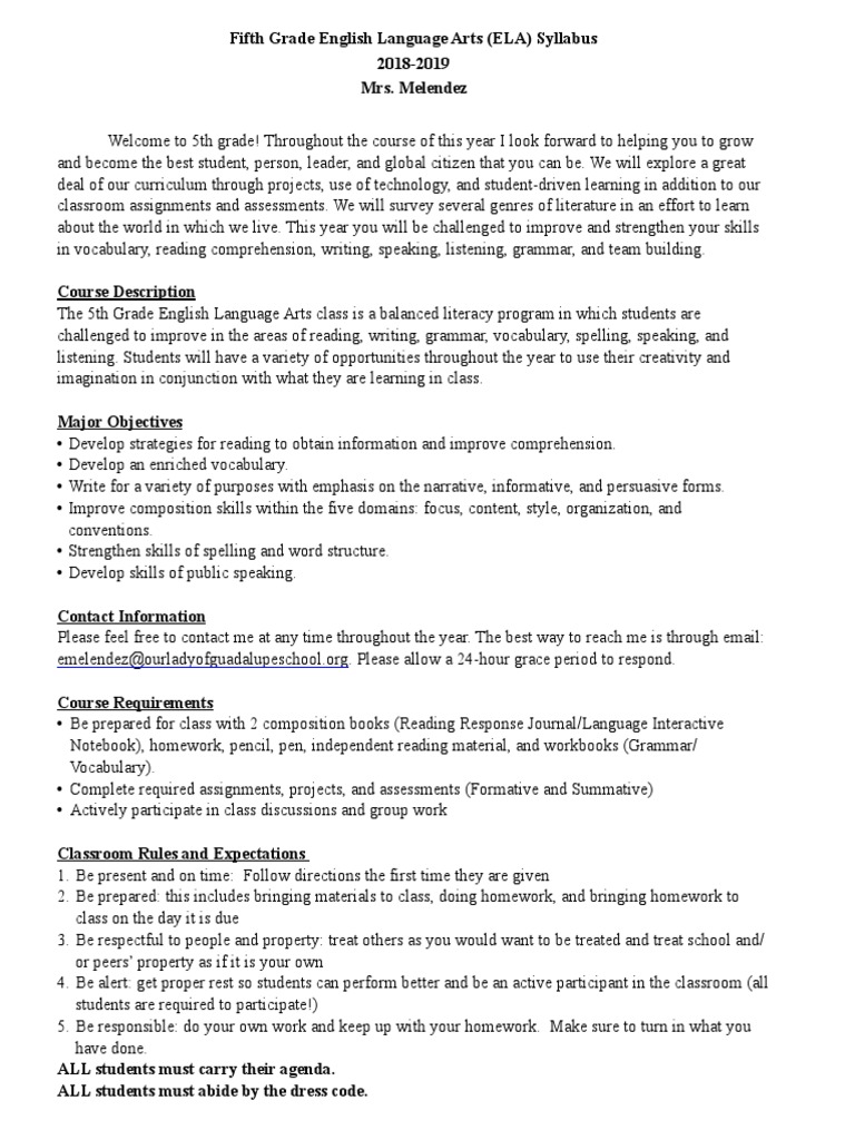 5th Grade Ela Syllabus - 2018-2019 | PDF | Educational Assessment ...