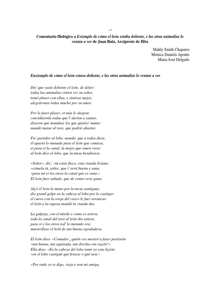Comentario Filológico A Exiemplo de Cómo El León Estaba Doliente (Final ...