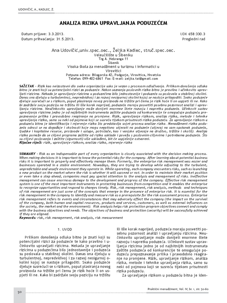 Analiza Upravljanja Rizika Preduzecem PDF | PDF