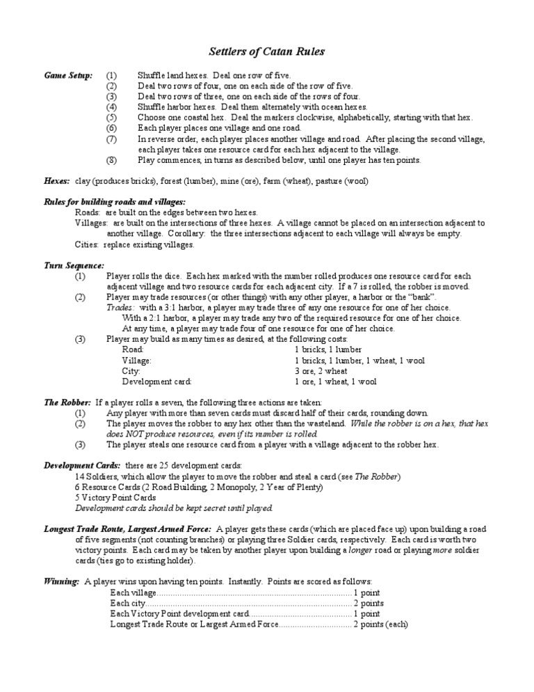 Settlers of Catan Rules: Trades: With A 3:1 Harbor, A Player May Trade ...