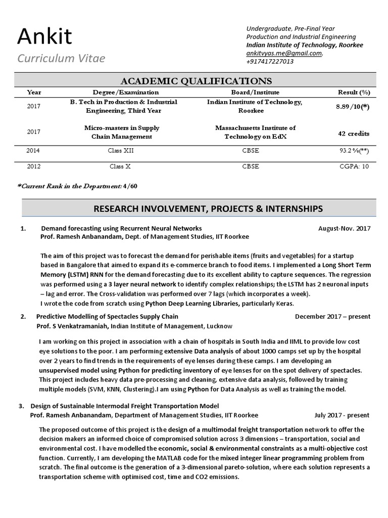 Ankit CV, IIT - Roorkee | PDF | Artificial Neural Network | Business