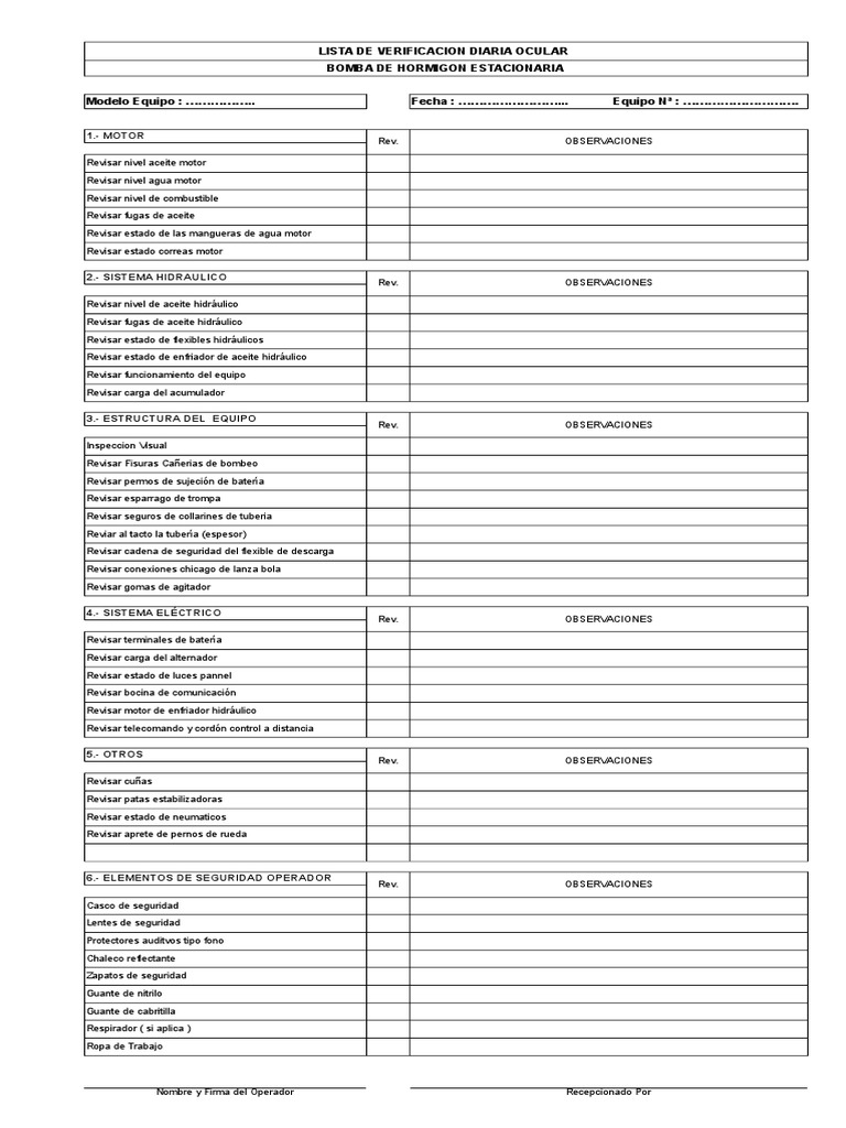Check List Bomba de Hormigon