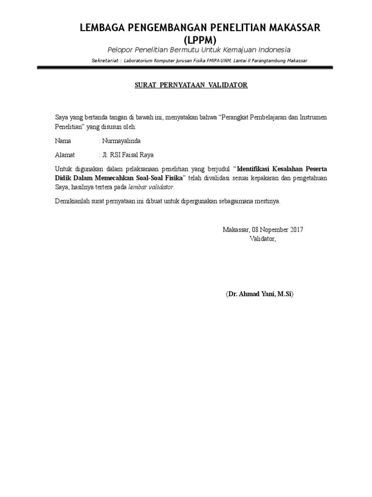 Surat Keterangan Validator | PDF