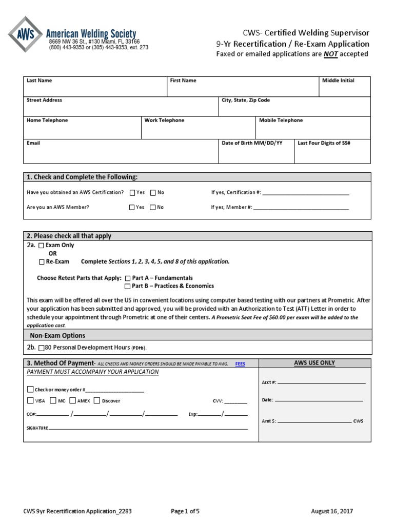 CWS-Certified Welding Supervisor 9-Yr Recertification / Re-Exam Application | PDF | Welding ...