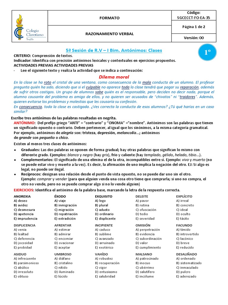 Antónimos y Comprensión de Textos | PDF | Lingüística | Gramática