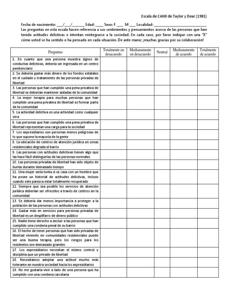 Escala CAMI de Taylor y Dear (1981) | Descargar gratis PDF | Prisión ...