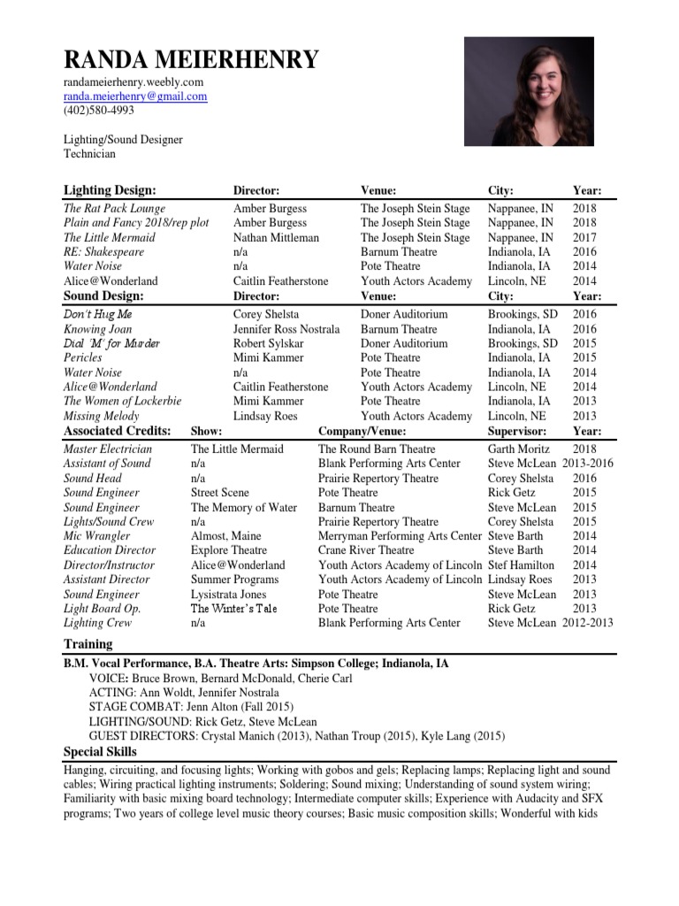 Randa Meierhenry Technical Resume | PDF | Leisure | Theatre