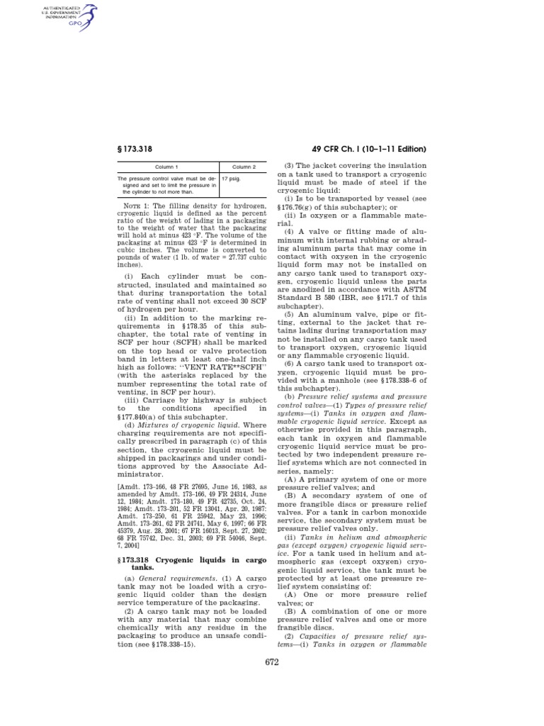 49 CFR Ch. I (10-1-11 Edition) 173.318 | PDF | Cryogenics | Valve