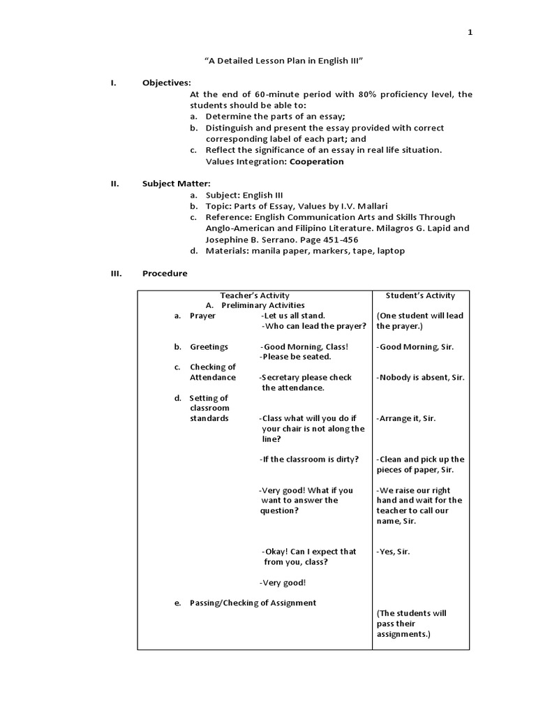A Detailed Lesson Plan in English III Essay | PDF | Essays | Lesson Plan