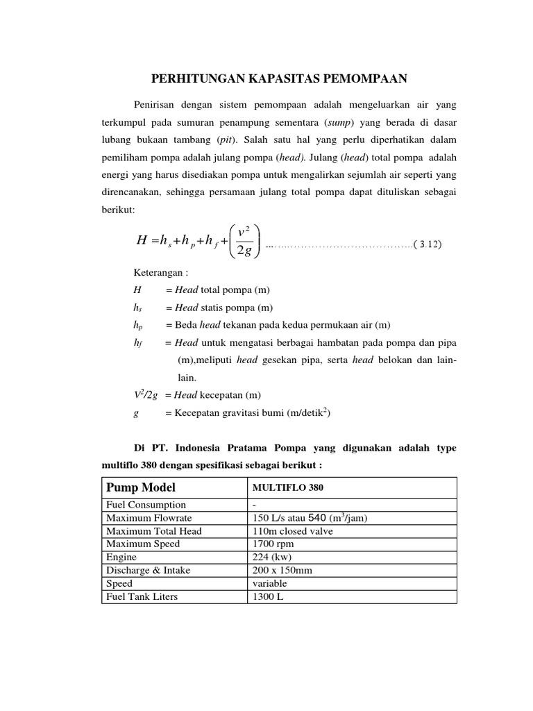 Penjelasan Perhitungan Kapasitas Pompa | PDF