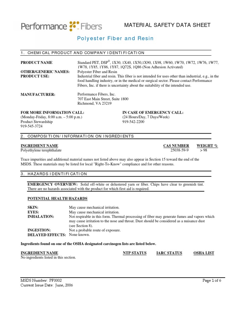 Polyester Msds PDF | PDF | Personal Protective Equipment | Dangerous Goods