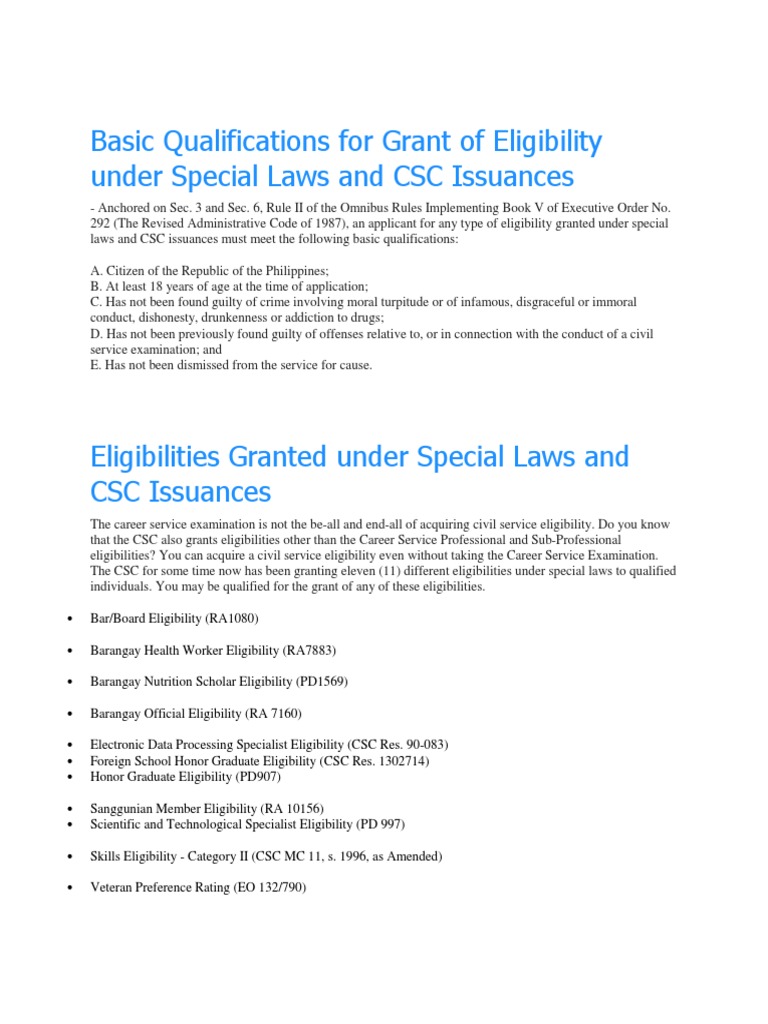 Basic Qualifications For Grant of Eligibility Under Special Laws and ...