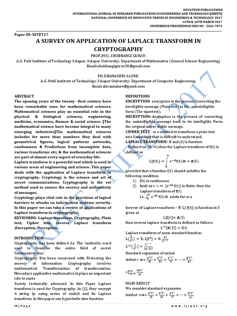 A Survey On Application Of Laplace Transform In Cryptography Pdf Cryptography Teaching 