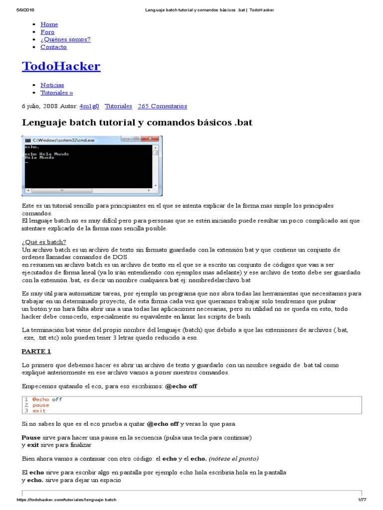 Lenguaje batch tutorial y comandos básicos .bat _ TodoHacker.pdf | Archivo de computadora ...