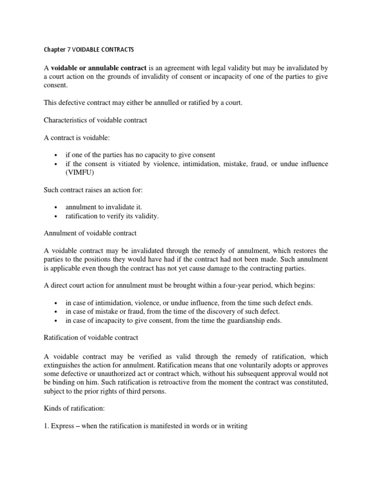 Chapter 7 Voidable Contracts | PDF | Annulment | Ratification