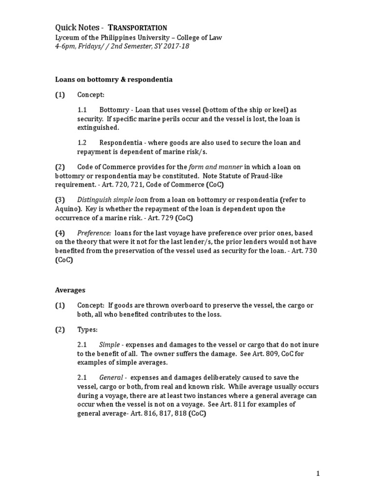Quick Notes - T: Loans On Bottomry & Respondentia | PDF | Marine ...