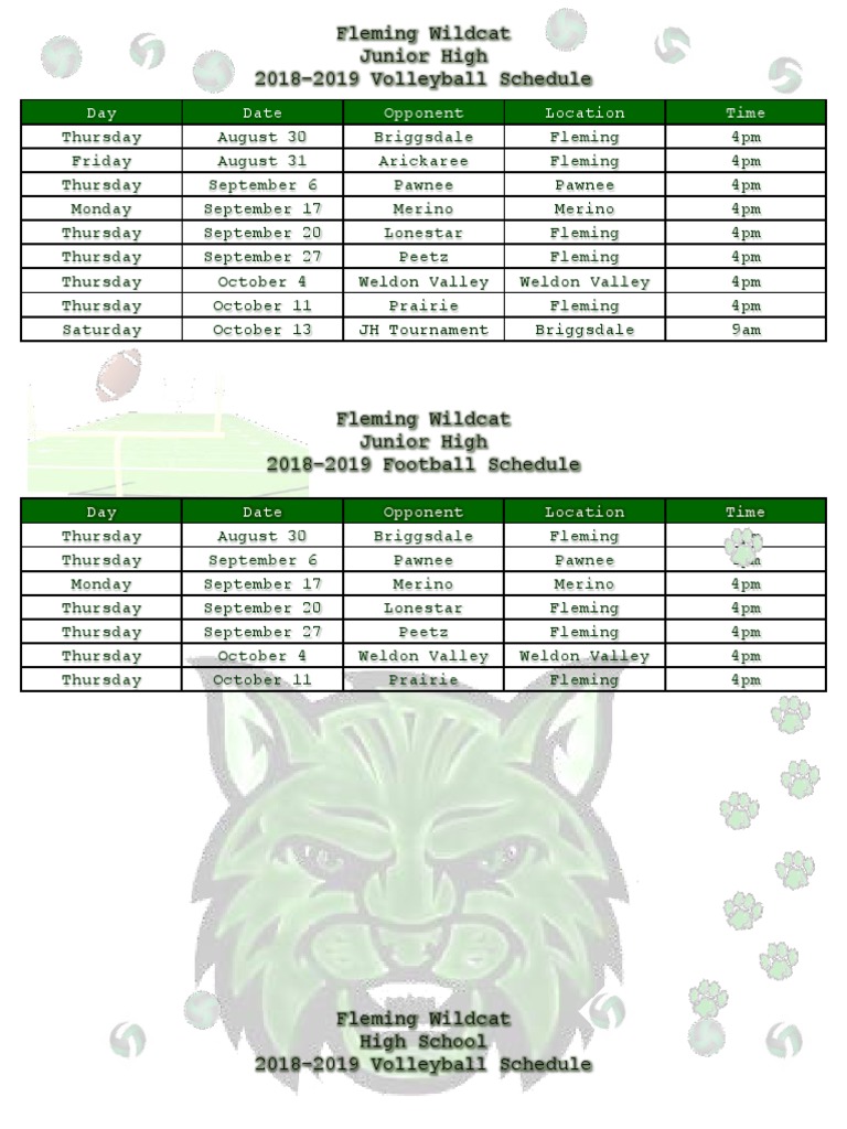 Fleming VBFB Sched | PDF | Sports | Leisure