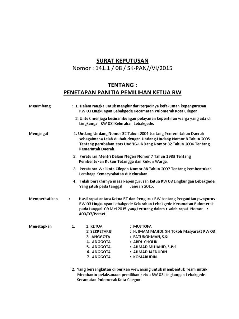 Surat Keputusan Panitia RT RW | PDF
