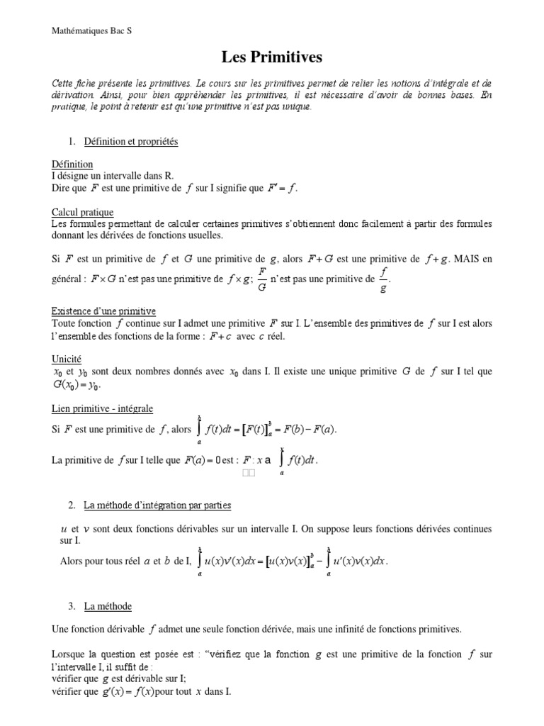 Primitives en Mathématiques Bac S | PDF | Intégral | Fonction ...