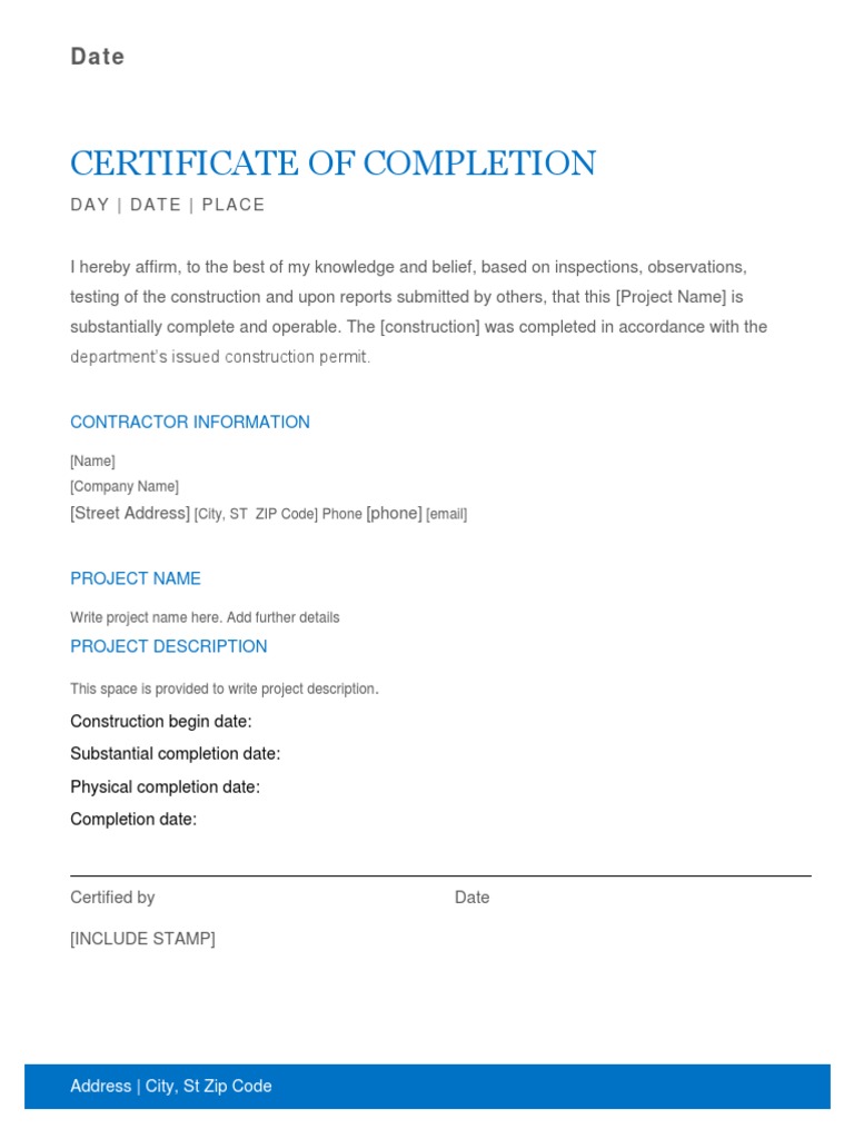 Construction Completion Certificate Template | PDF