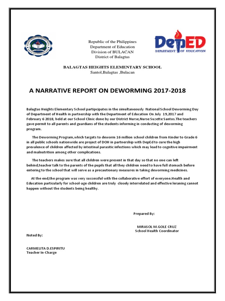 BHES Narrative Report On Deworming | PDF