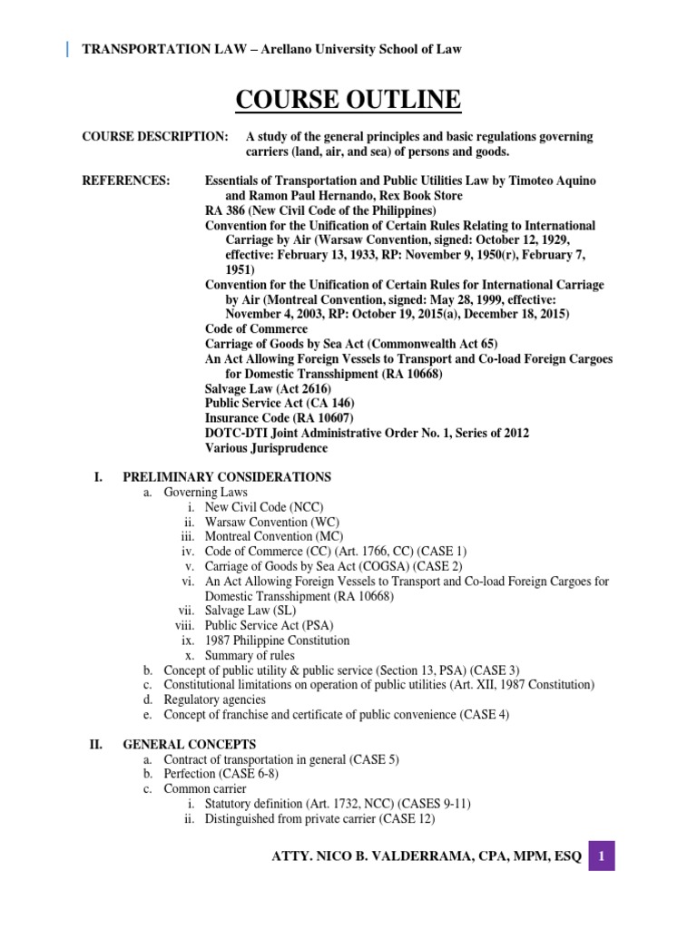 Transportation Law Course Outline PDF | PDF | Legal Concepts | Transport