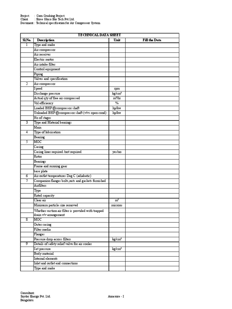 Air Compressor Data Sheet | Valve | Bearing (Mechanical)