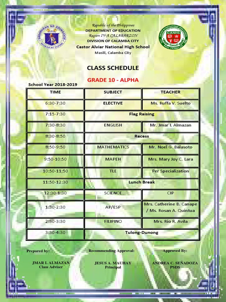 Class Schedule: Grade 10 - Alpha | PDF