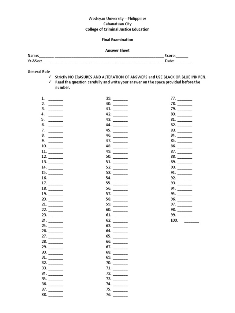 College of Criminal Justice Education Final Examination Answer Sheet ...