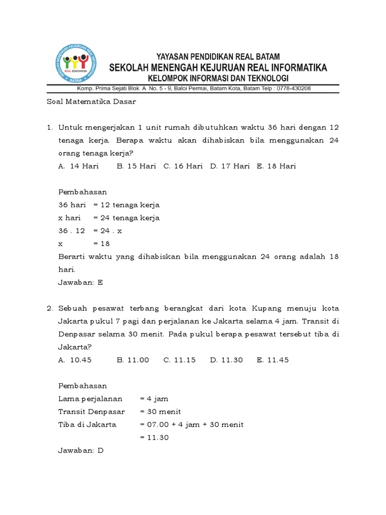 Soal MTK Dasar Dan Jawaban | PDF