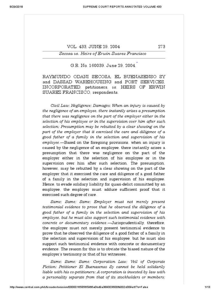 Secosa vs. Heirs of Erwin Suarez Francisco: VOL. 433, JUNE 29, 2004 273 ...