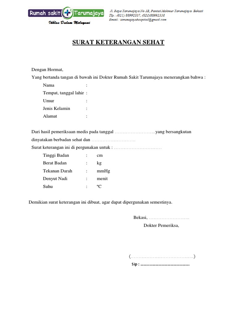 SURAT KETERANGAN SEHAT Contoh | PDF