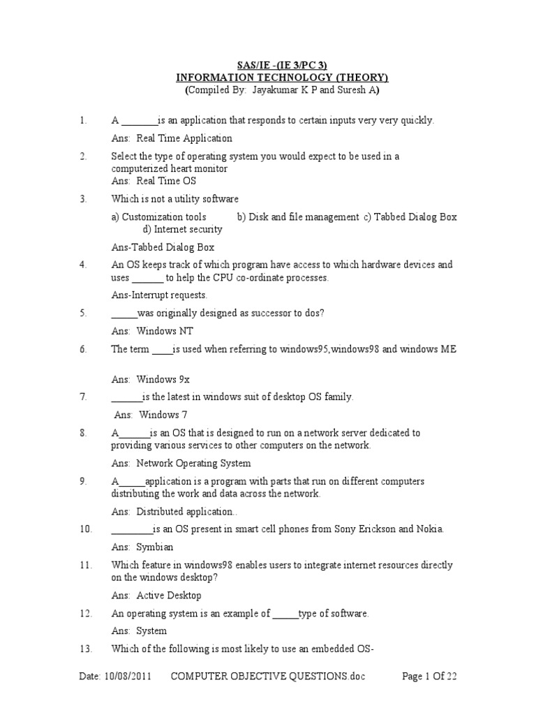 Computer Objective Questions Rev Pdf Operating System Cookie