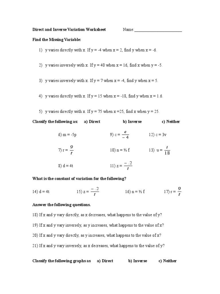 Direct and Inverse Variation Worksheet | Download Free PDF | Kilogram ...