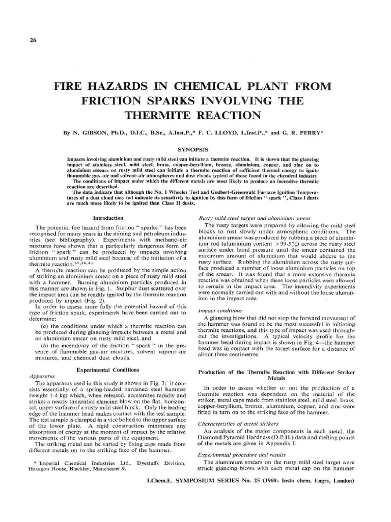 Fire Hazards in Chemical Plant From Friction Sparks Involving The Thermite Reaction | PDF ...