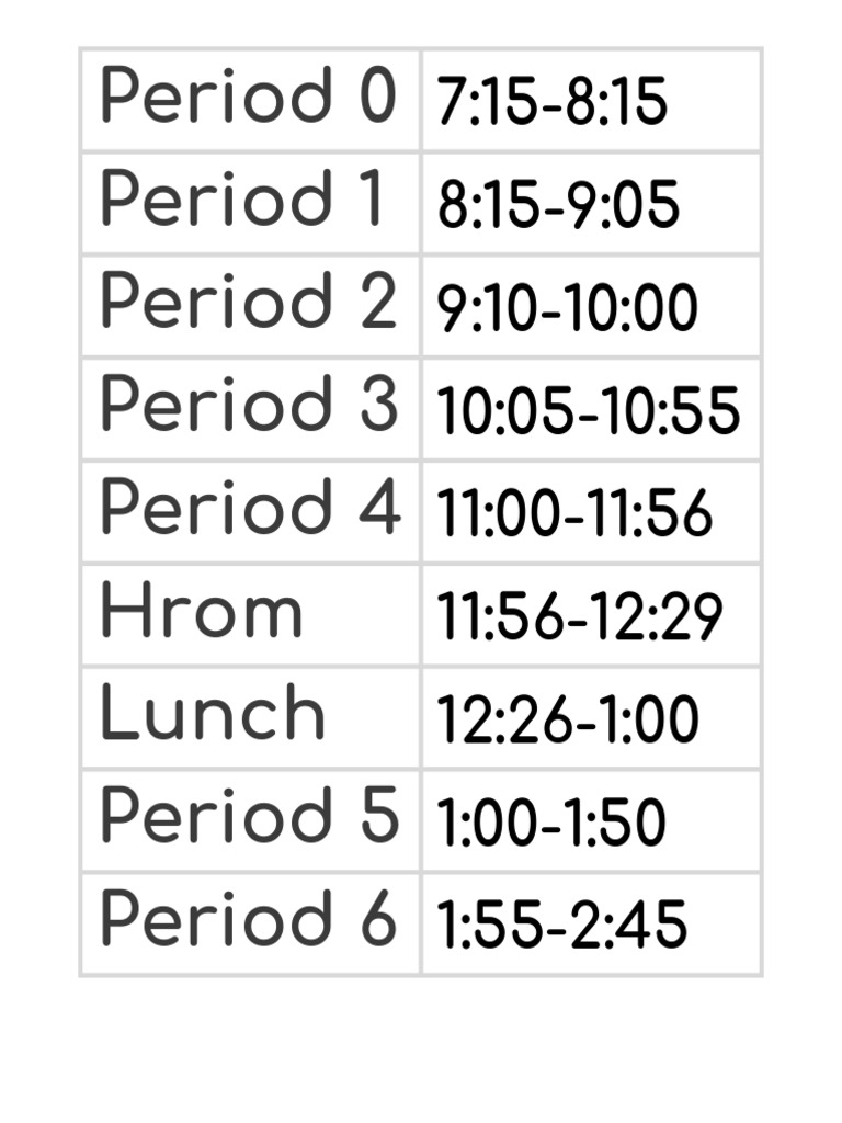 Period 0 Period 1 Period 2 Period 3 Period 4 Hrom Lunch Period 5 Period ...