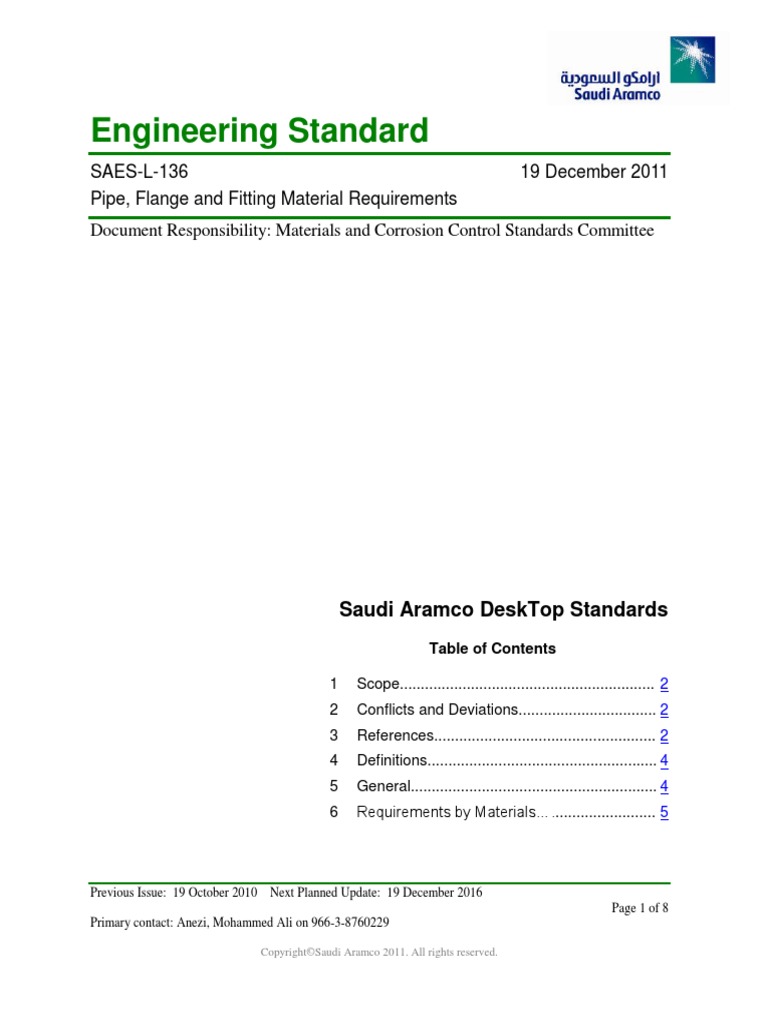 SAES-L-136 Pipe, Flange and Fitting Material Requirements | PDF | Pipe (Fluid Conveyance ...