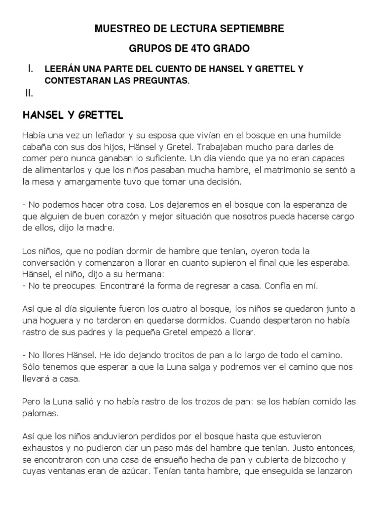 Actividad de Lectura para 4to Grado | PDF | Hansel y Gretel | Ocio