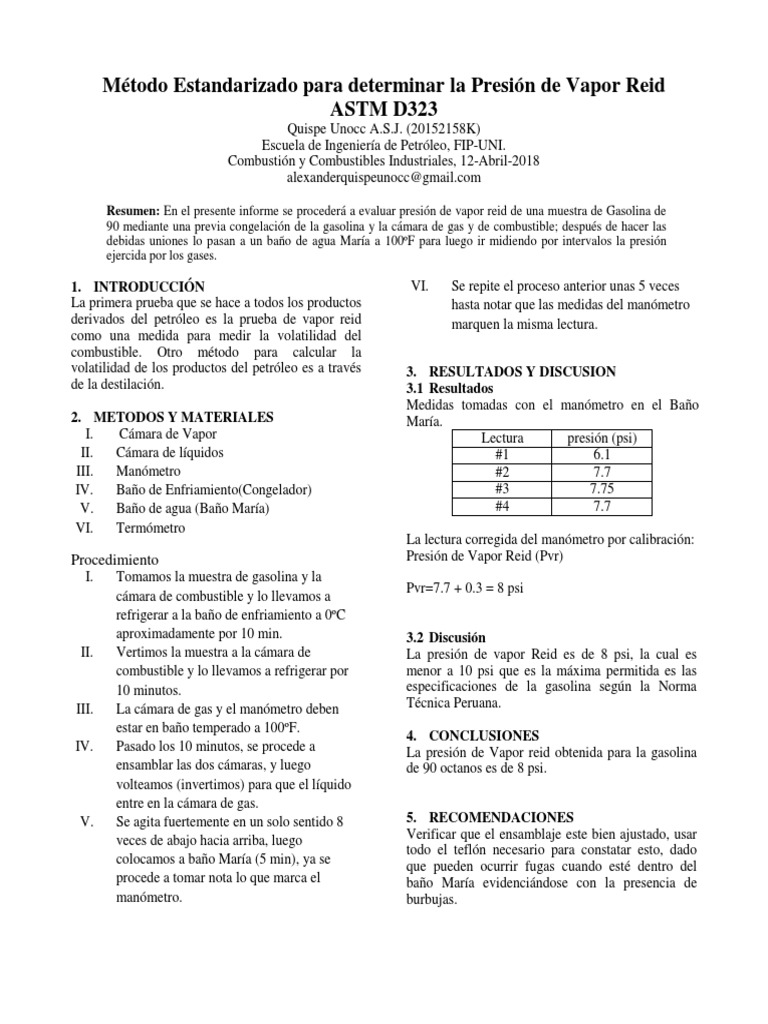 Método Estandarizado para Determinar La Presion de Vapor Reid ASTM D323 ...
