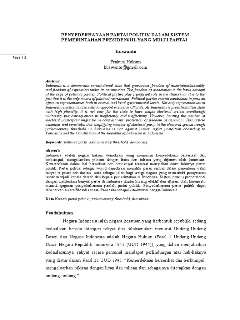 Penyederhanaan Partai Politik Dalam Sistem Pemerintahan Presidensiil ...
