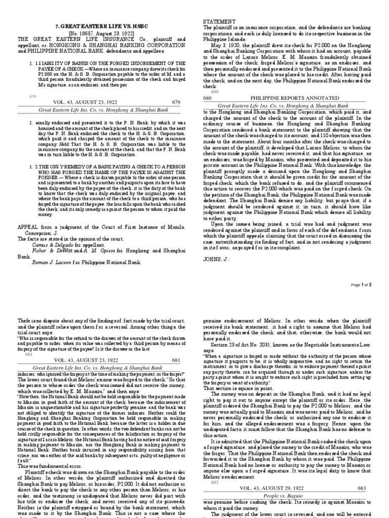Great Eastern Life vs. HSBC | PDF | Forgery | Cheque