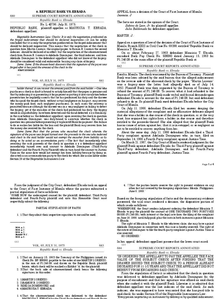 Republic Bank vs. Ebrada | PDF | Negotiable Instrument | Cheque