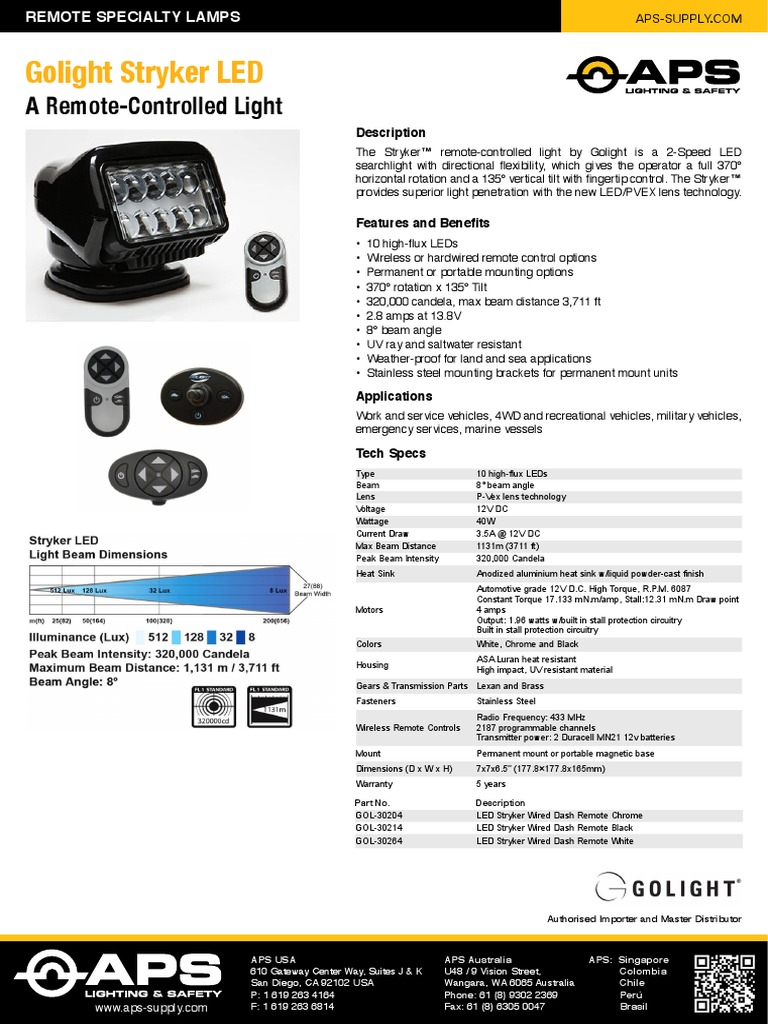 Golight Stryker Light Aps Aus Eng A4 | PDF | Remote Control | Light Emitting Diode