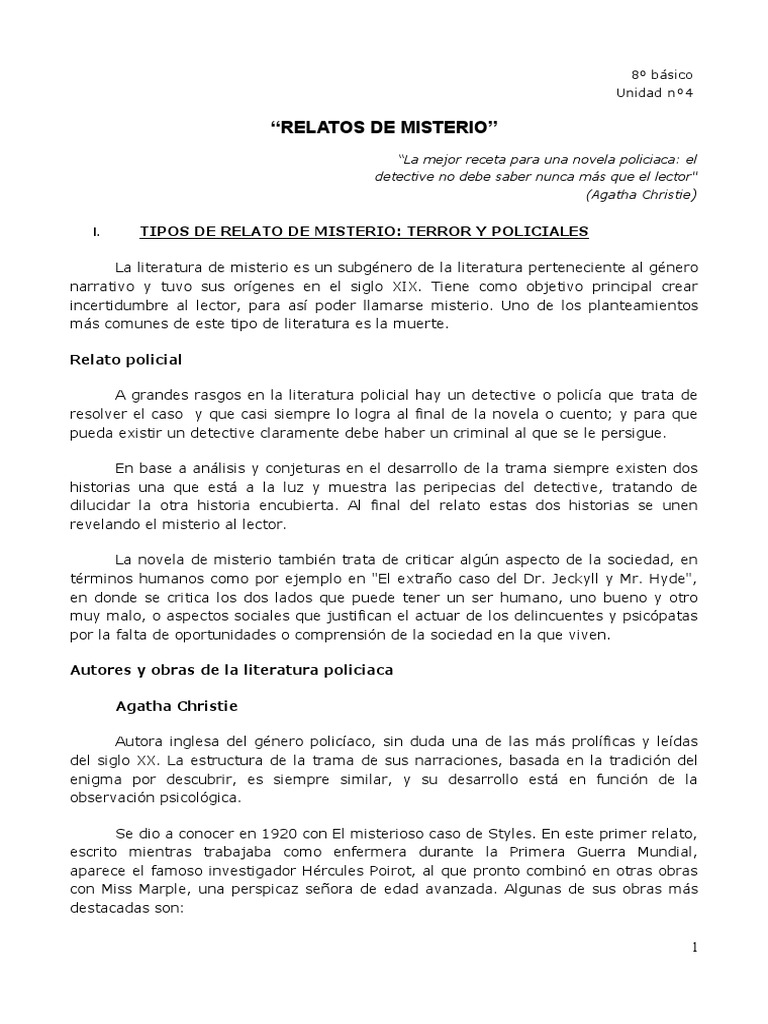 UNIDAD 3 Relatos de Misterio 8vo | PDF | Narración | Ficción de terror